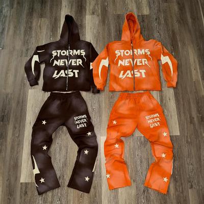 China Manufacturers Custom Sun Faded Embroidery Patch Acid Wash Vintage Zipper Cropped Cut and Sew Hoodies Sweatpants and Hoodie Set for sale