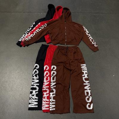 China Clothing Manufacturers Custom Screen Print Zip up Cropped Hoodies Sun Faded Vintage Hoodies Sweatpants Jogging Tracksuits Unisex for sale