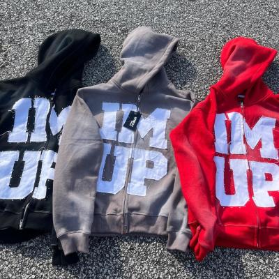 China Letter Distressed Applique Embroidery Hoodie 100 Cotton Zip Up Mens Zipper Hoodies for sale