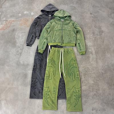 China Manufacturers Custom Sun Faded Embossing Full Print Acid Wash Vintage Zipper Cropped Tracksuit Hoodies Sweatpants and Hoodie Set for sale