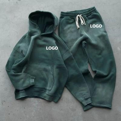 China Custom Logo Sun Faded Heavyweight Fleece Puffy Vintage Sweatsuit Sets Oversized 3d Puff Print Two Pieces Jogger Tracksuit Sets for sale