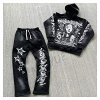 China Top Fashion Screen Printing Oversized Acid Wash Distressed Hoodies Stacked Flared Sweatpants and Hoodie Tracksuit for Men for sale
