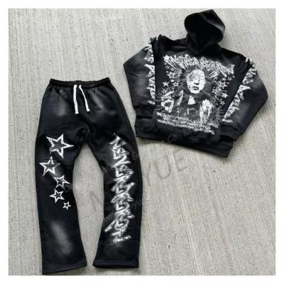 China Top Fashion Screen Printing Oversized Acid Wash Distressed Hoodies Stacked Flared Sweatpants and Hoodie Tracksuit for Men for sale