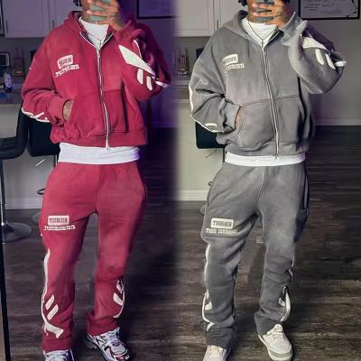 China Custom Streetwear Acid Washed Sweat Suits Zipper Hoodies Tracksuit Set Acid Wash Distress Patch Flared Sweatpants and Hoodie Set for sale