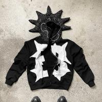 China Heavyweight Distressed Applique Embroidery Hoodie Full Face Zip Up Hoodie  Anti Shrink for sale