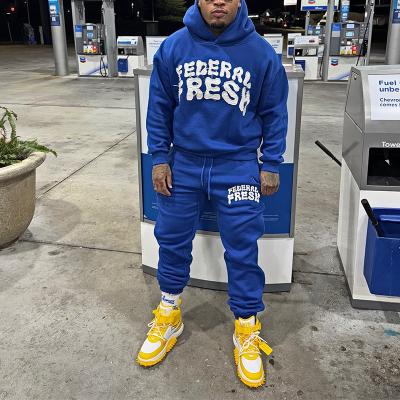 China Clothing Manufacturers Custom Pullover Fit Embroidery Distress Hoodie Jogger Set Hoodie and Baggy Stacked Legging Sweatpants Set for sale