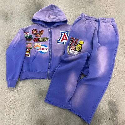 China Clothing Manufacturers Custom Acid Washed Vintage Embroidery Patches Hoodies Heavyweight Wide Leg Pant Hoodie and Sweatpants Set for sale