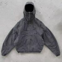 China Custom Washed Denim Hoodie Jacket Reverse Stitch Face Masked Ninja Zip Up Hoodie for sale
