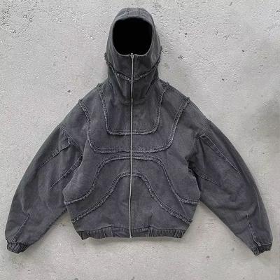 China Custom Washed Denim Hoodie Jacket Reverse Stitch Face Masked Ninja Zip Up Hoodie for sale