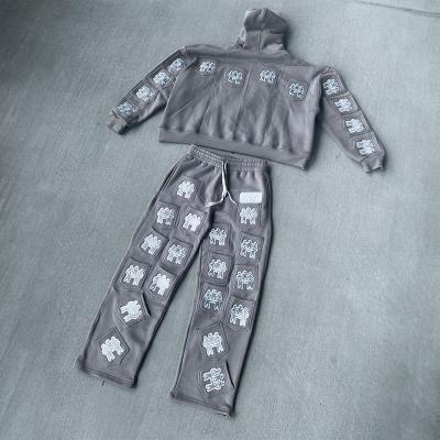 China Custom Tracksuit Unisex Screen Print Full Multi Pocket Sweat Jogging 100% Cotton Suits Streetwear Hoodie and Sweatpants Set for sale