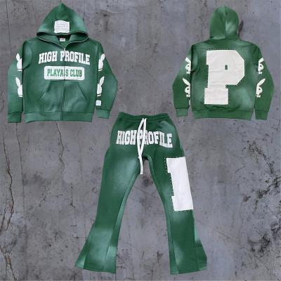 China Clothing Manufacturers Custom Sun Faded Vintage Streetwear Heavyweight Hoodie Acid Wash Flare Sweatpants Suit Tracksuits for Men for sale