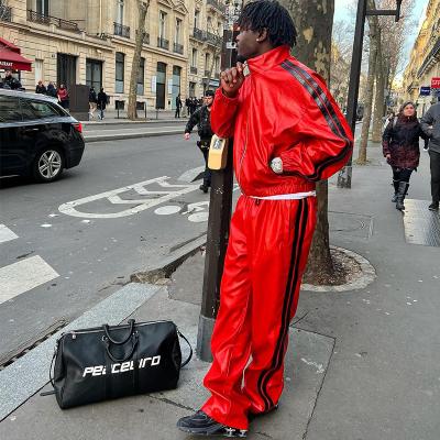 China Clothing Manufacturers Custom Leather Tracksuit Zip up Cropped Waistband Streetwear Jacket and Baggy Stacked Sweatpants Set for sale