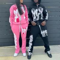 China Custom Puff Print Logo Stacked Flare Sweatpants and Hoodie Set 2 Pieces Jogging Suit Sweatsuit Zip up Tracksuit for Men for sale