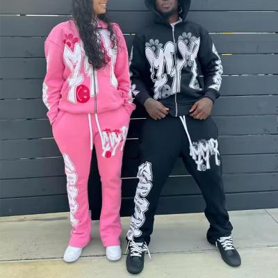 China Custom Puff Print Logo Stacked Flare Sweatpants and Hoodie Set 2 Pieces Jogging Suit Sweatsuit Zip up Tracksuit for Men for sale