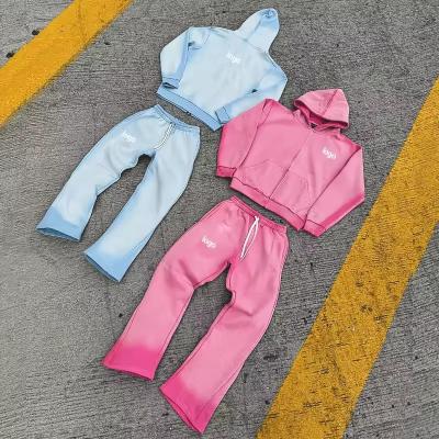 China Custom Faded Vintage Unisex Hoodies Set Zip up Tracksuit Sweat Suit Hoodie Plus Size Flared Sweatpants Acid Wash Two Piece Set for sale