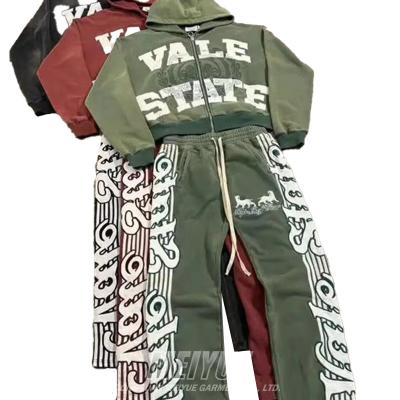 China Custom Tracksuits Men Zip up Hoodies Distressed Acid Wash Vintage Screen Print 100% Cotton Flare Sweatpants and Hoodie Set for sale