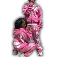 China Custom Zip up Sweatsuit Acid Wash Applique Patch Embroidery Distresses Hoodie Jogging Tracksuit Flared Sweatpants and Hoodie Set for sale