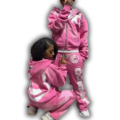 China Custom Zip up Sweatsuit Acid Wash Applique Patch Embroidery Distresses Hoodie Jogging Tracksuit Flared Sweatpants and Hoodie Set for sale