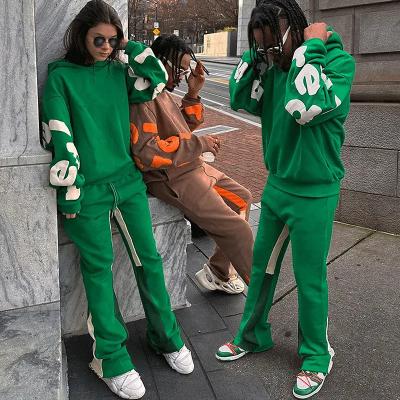 China Custom Logo Puff Printing Hoodies Stacked Sweatpants Jogging Set Flared Sweat Pants Men Sweatsuits Unisex Sets and Hoodie Set for sale