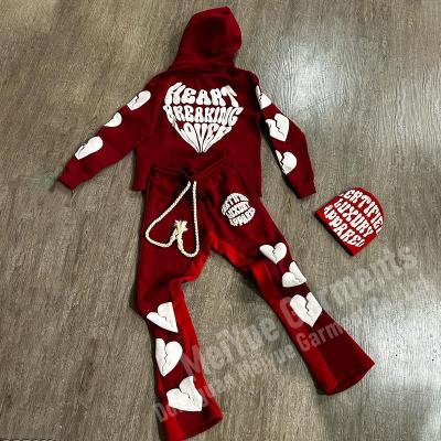 China Custom Jogger Pullover Cropped Sweatsuit Acid Wash Hoodie 3d Puff Print Jogging Tracksuits Set Flared Sweatpants and Hoodie Sets for sale