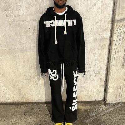 China Custom Embroidered Patches Logo Jogging 2 Piece Set Heavyweight Streetwear Distressed Hoodie Sweat Pant Blank Tracksuit for Men for sale
