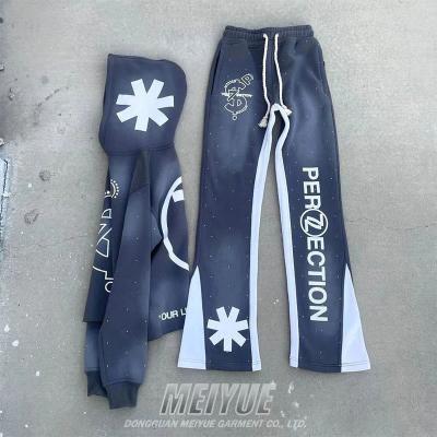 China Cropped Raw Hem Hoodies And Jogger Set Flare Leg Tracksuit 3d Puff Print Antistatic for sale