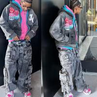 China Distressed Denim Heavyweight Vintage Tracksuit Set Streetwear Sweat Suits Anti Bacterial for sale