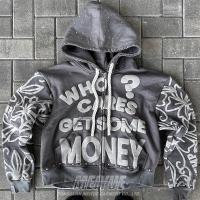 China Custom Zip up Rhinestone Hoodies Acid Wash Gray Vintage Puff Print Hoodie Heavyweight Drop Shoulder Men's Hoodies & Sweatshirts for sale