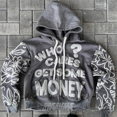 China Custom Zip up Rhinestone Hoodies Acid Wash Gray Vintage Puff Print Hoodie Heavyweight Drop Shoulder Men's Hoodies & Sweatshirts for sale