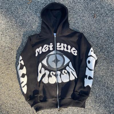 China Custom Puff Print Hoodie Zip up French Terry Tech Fleece Hoodies Casual Plus Size Unisex Heavy Cotton Streetwear Men for sale