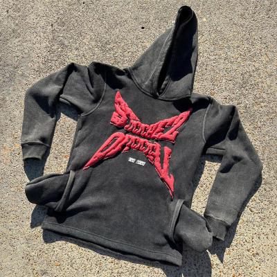 China Custom Heavyweight Raw Hem Cut Edge Hoodies Puff Print Logo Acid Wash Sun Faded Vintage Hoodies Cut and Sew Oversized Streetwear for sale