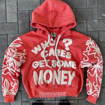 China Custom Zip up Rhinestone Acid Washed Vintage Puff Print Hoodie Distressed Oversized Drop Shoulder Streetwear Hoodie 500 Gsm for sale
