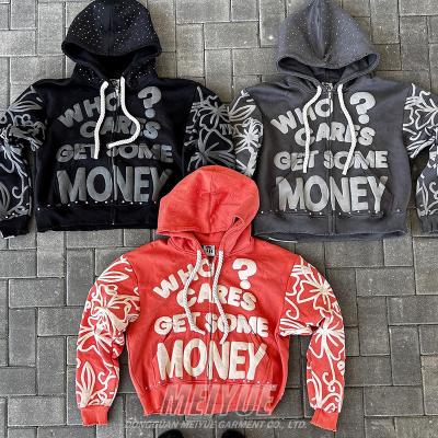 China Custom Zip up Rhinestone Hoodies Acid Wash Vintage Puff Printing Hoodie Heavyweight Drop Shoulder Men's Hoodies & Sweatshirts for sale