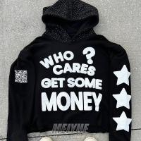 China Custom Pullover Rhinestone Hoodies Cropped Puff Printing No Strings Hoodie Heavyweight Drop Shoulder Streetwear Cut and Sew for sale