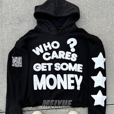 China Custom Pullover Rhinestone Hoodies Cropped Puff Printing No Strings Hoodie Heavyweight Drop Shoulder Streetwear Cut and Sew for sale