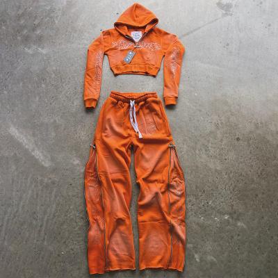 China Custom Women Sweat Suit Screen Print  Streetwear Hoodie And Sweatpants Set for sale