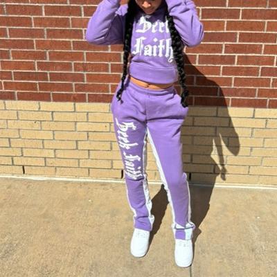 China Clothing Manufacturers Custom Women Boxy Fit Crop 3d Puff Print Hoodie Jogger Set Hoodie and Flared Baggy Stacked Sweatpants Set for sale
