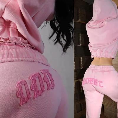 China New Street Wear Custom Patch Embroidery Acid Washed Cropped Oversized Distressed Zip up Hoodie 2 Piece Set Joggers Womens for sale