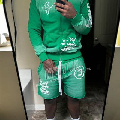China Custom Zip up Hoodie Acid Wash 3d Puff Printing Vintage Retro Washed Zipper Summer Hoodie and Short Set Men for sale