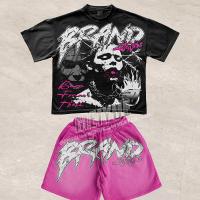 China Summer Boxy Dtg Crack Screen Print Men's Shorts Set Acid Wash Vintage Tshirt Shorts Set 2 Piece Short Set Custom Logo for sale