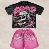 China Summer Track Suit Boxy Dtg Crack Screen Print Cropped Acid Wash Vintage Tshirt Shorts Set 2 Piece Short Set Custom Logo for sale