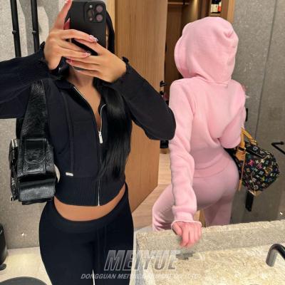 China Custom Embroidery Distressed Crop Top Zip up Hoodie Tracksuit Joggers Two Piece Set Women Clothing Sweatpants and Hoodie Set for sale