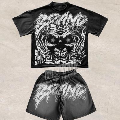 China Boxy Dtg Crack Screen Print T Shirt And Shorts Set Acid Wash Two Piece Short Set for sale