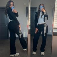 China Custom Distressed Embroidery Crop Top Tracksuit Zip up Hoodie Joggers Pants Women Distressed 2 Piece Sweatpants and Hoodie Set for sale