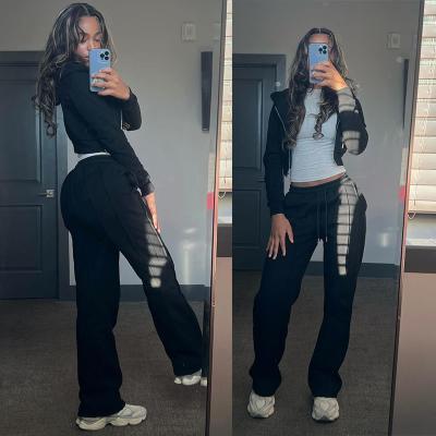 China Custom Distressed Embroidery Crop Top Tracksuit Zip up Hoodie Joggers Pants Women Distressed 2 Piece Sweatpants and Hoodie Set for sale
