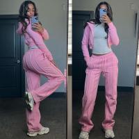 China Custom Embroidery Distressed Crop Top Zip up Hoodie Sweat Joggers Pants Women Distressed 2 Piece Sweatpants and Hoodies Set for sale
