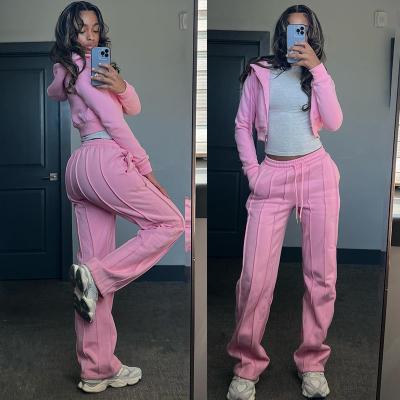 China Custom Embroidery Distressed Crop Top Zip up Hoodie Sweat Joggers Pants Women Distressed 2 Piece Sweatpants and Hoodies Set for sale