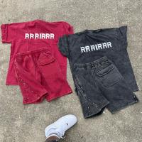 China Custom Summer Casual Acid Wash T Shirts and Cargo Sweatsuit Tracksuit Vintage Applique Embroidered Shirt and Shorts Set for Men for sale