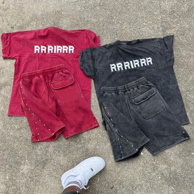 China Custom Summer Casual Acid Wash T Shirts and Cargo Sweatsuit Tracksuit Vintage Applique Embroidered Shirt and Shorts Set for Men for sale
