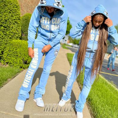 China ODM Distressed Tracksuit Full Face Zip Up  Sweatshirt And Joggers Set Puff Embroidered for sale